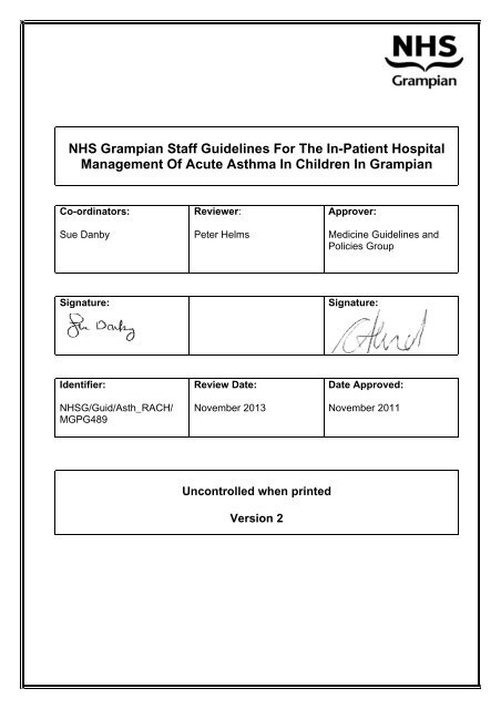 Guidelines For In-Patient Hospital Management Of ... - NHS Grampian