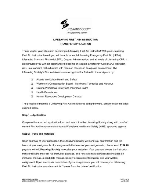 LIFESAVING FIRST AID INSTRUCTOR ... - Lifesaving Society LIFESAVING FIRST AID INSTRUCTOR ... - Lifesaving Society
