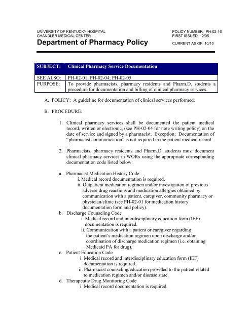 Clinical Pharmacy Service Documentation - University of Kentucky