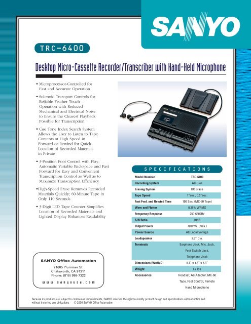 Sanyo TRC-6400 Microcassette Transcriber Owner Manual Sanyo TRC-6400 Microcassette Transcriber Owner Manual