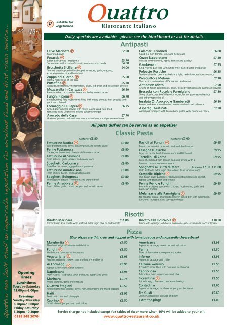 Quattro Menu - Quattro Restaurant