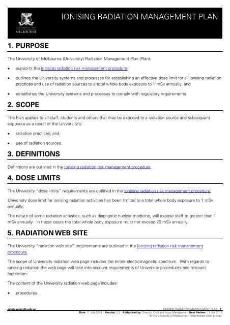 Ionising radiation risk management plan - Safety - University of ...