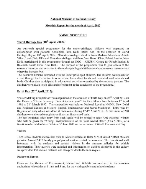 National Museum of Natural History Monthly Report for the month of ...