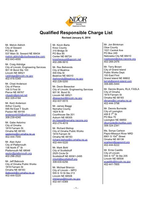 Qualified Responsible Charge List - Nebraska Department of Roads