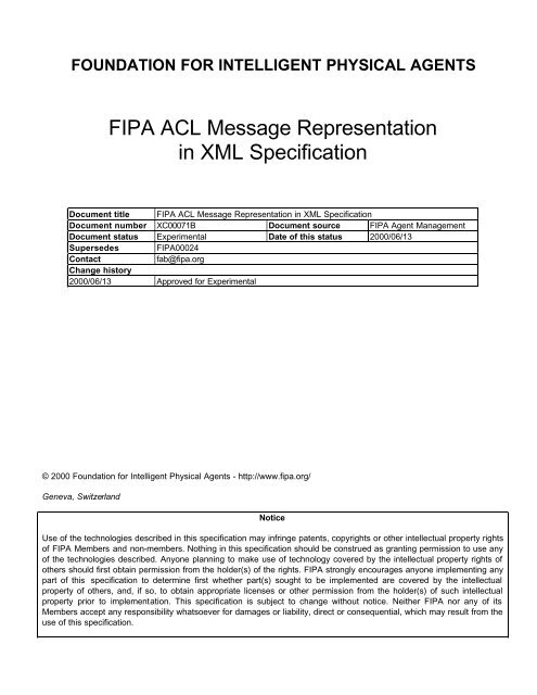 FIPA ACL Message Representation in XML Specification