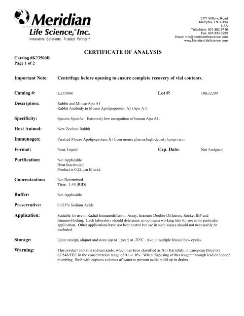 certificate of analysis - Antibodies, Antigens, Blocking agents from ...