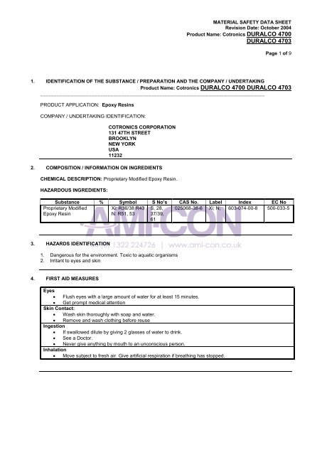 DURALCO 4703 Product Name: Cotronics DURALCO ... - AMI-CON
