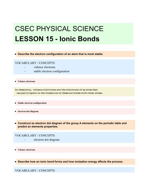 CSEC PHYSICAL SCIENCE LESSON 15 - Ionic Bonds