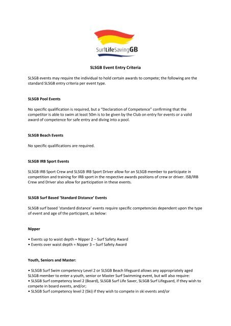 SLSGB Event Entry Criteria