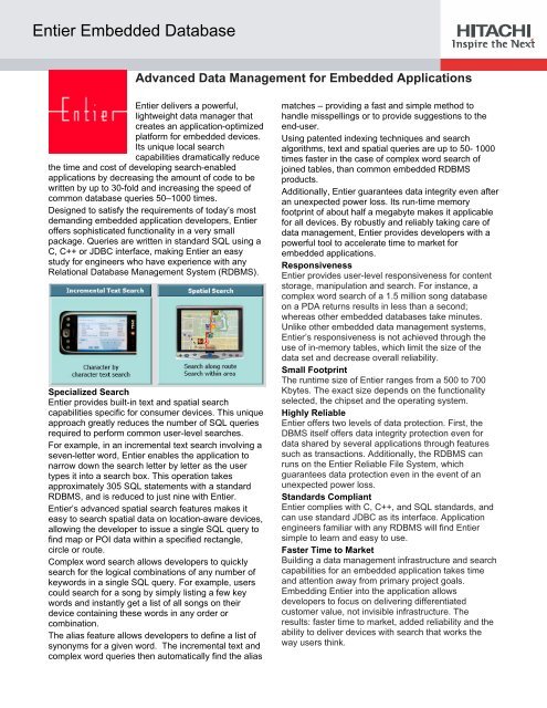 Entier Embedded Database - Hitachi America, Ltd.
