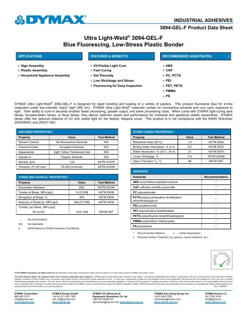 DYMAX 3094-GEL-F Industrial Adhesive Product Data Sheet