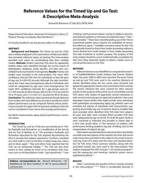Reference Values for the Timed Up and Go Test: A Descriptive Meta ...