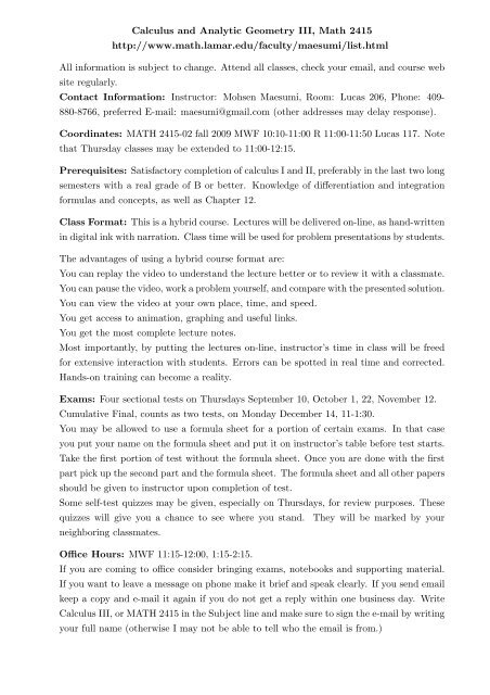 Calculus and Analytic Geometry III, Math 2415 ... - Lamar University