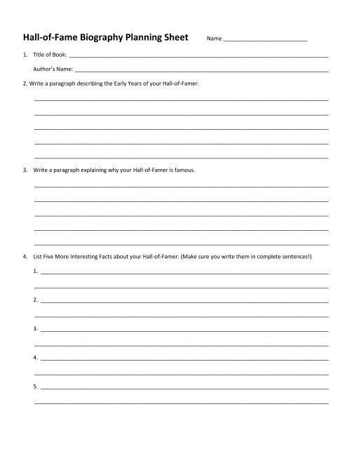 Hall-of-Fame Biography Planning Sheet