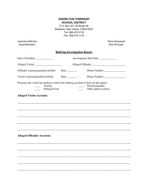 Bullying Investigation Form - Knowlton Township Elementary School