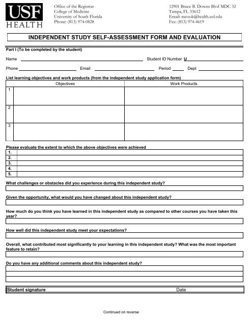 independent study self-assessment form and evaluation