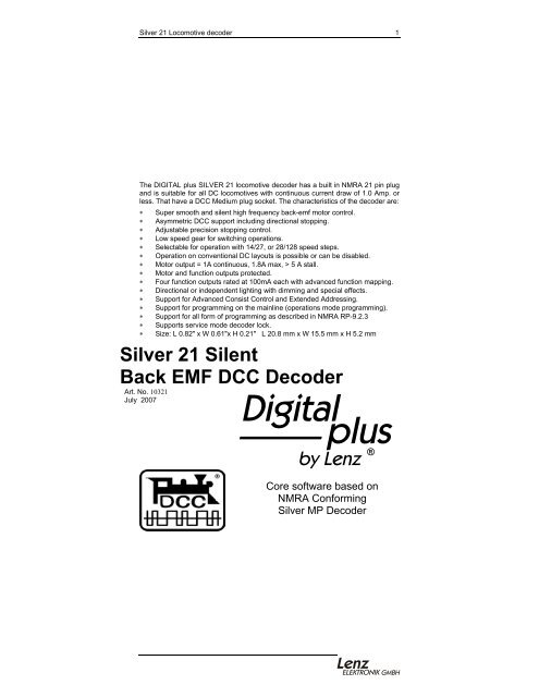 Silver 21 Silent Back EMF DCC Decoder - Lenz USA