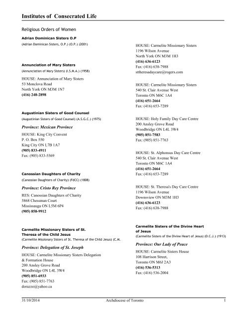 Institutes of Consecrated Life - Archdiocese of Toronto