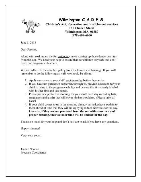 2013 Sunscreen Parent Letter - Wilmington Public Schools