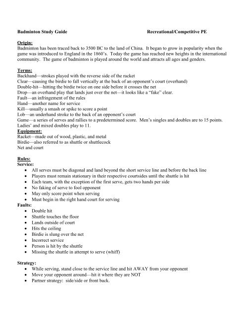 Badminton Study Guide
