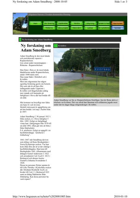 Ny forskning om Adam Smedberg - HÃ¶gsÃ¥sen Narven i Tiveden
