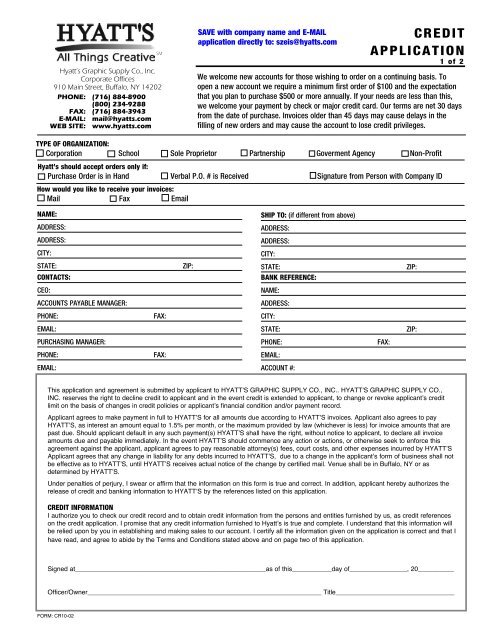 Net 30 Charge Account Credit Application - Hyatt's