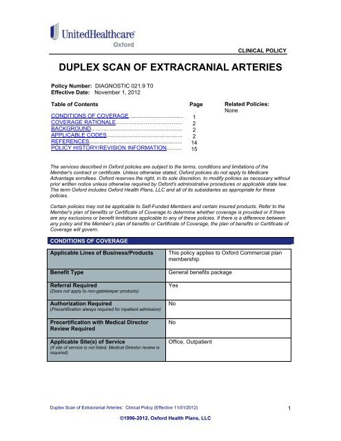 DUPLEX SCAN OF EXTRACRANIAL ARTERIES - Oxford Health Plans