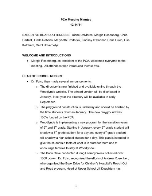 PCA Meeting Minutes 12/14/11 - Woodlynde School