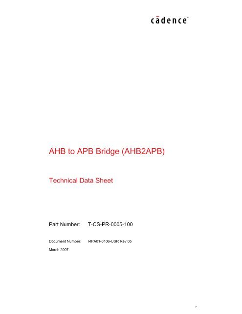 AHB to APB Bridge (AHB2APB) Technical Data Sheet - Cadence ...