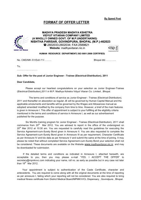 FORMAT OF OFFER LETTER - M.P.Madhya Kshetra Vidyut Vitran Co.