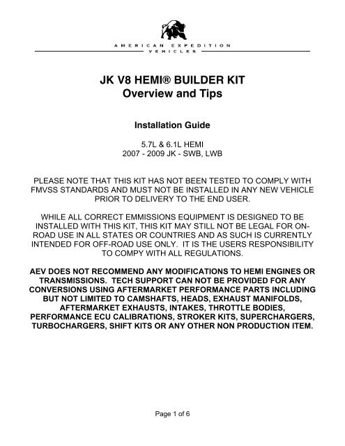 JK V8 HEMIÂ® BUILDER KIT Overview and Tips Installation Guide