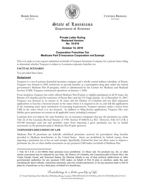 Private Letter Ruling Redacted Version No. 10-018 ... - Louisiana