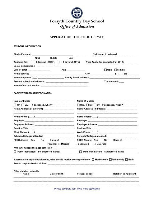 print and fill out the application form - Forsyth Country Day School