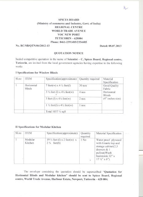 Quotation notice - horizontal blinds & Modular Kitchen at Tuticorin