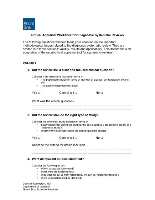 Critical Appraisal Toolkit for Diagnostic Systematic Reviews - SGIM