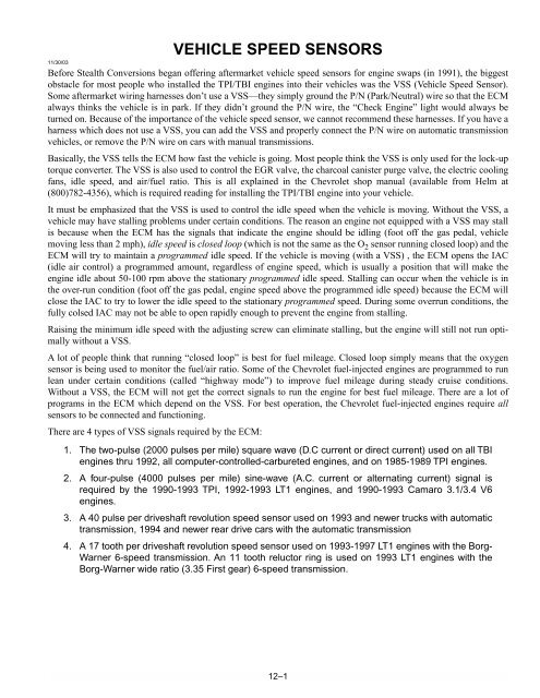 VEHICLE SPEED SENSORS - JTR V-8 Conversion Manuals