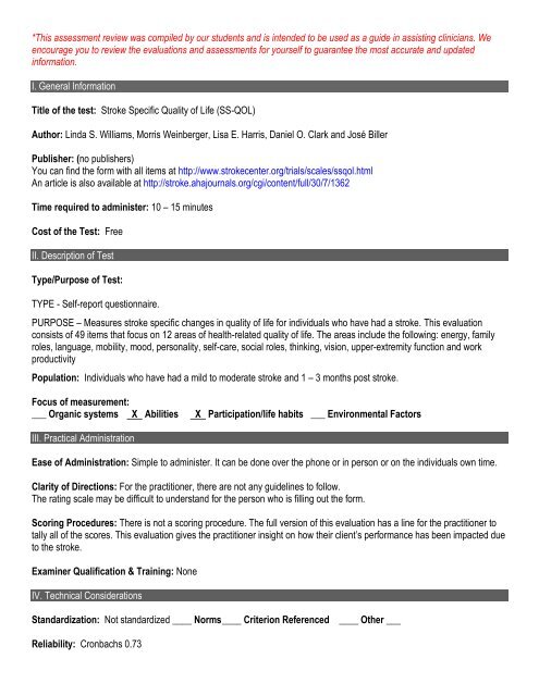 Stroke Specific Quality of Life (SSQOL)