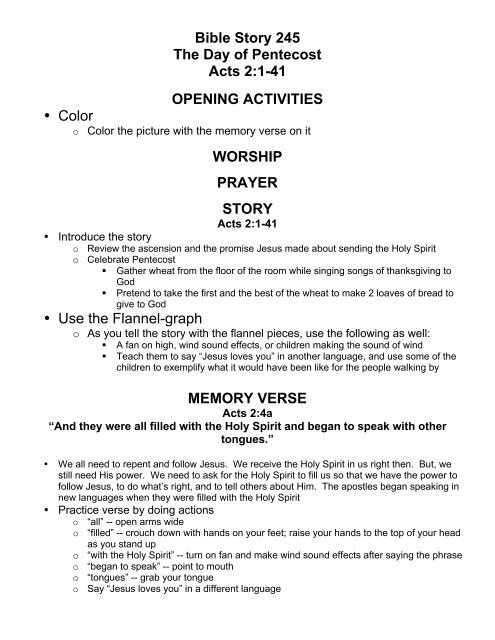 Bible Story 245 The Day of Pentecost Acts 2:1-41 OPENING ...