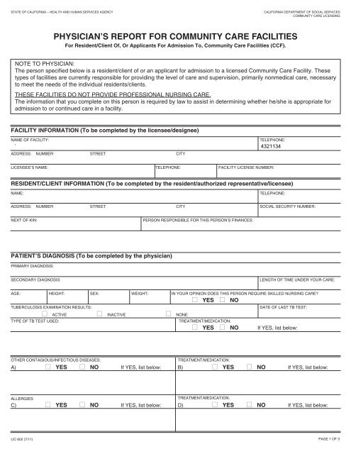 PHYSICIAN'S REPORT FOR COMMUNITY CARE FACILITIES