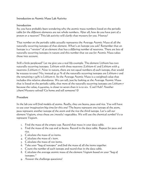 Introduction to Atomic Mass Lab Activity Introduction So, you have ...