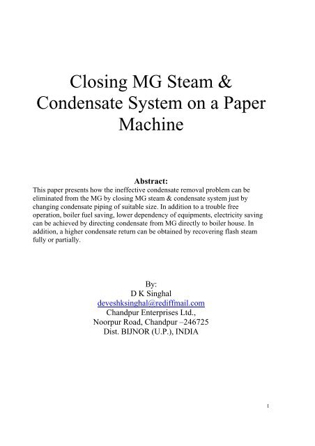 Closing MG Steam & Condensate System on a Paper Machine