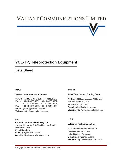 VCL-TP Teleprotection Equipment - Data Sheet - Aries Telecom