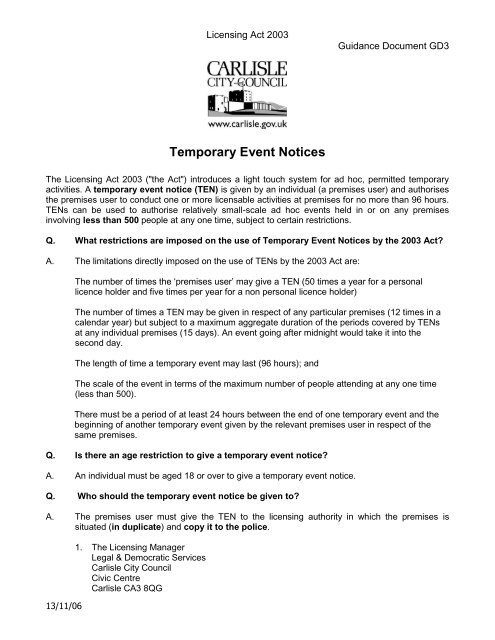 Temporary Event Notices - Carlisle City Council