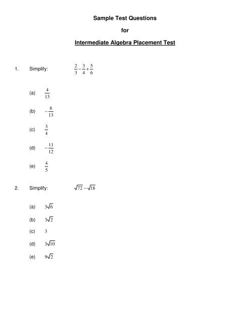 Sample Test Questions for Intermediate Algebra Placement Test