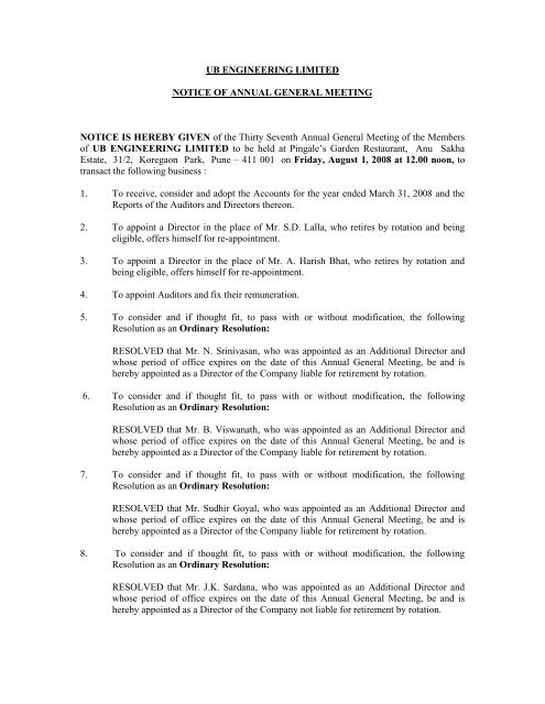 UB ENGINEERING LIMITED NOTICE OF ANNUAL ... - UB Group