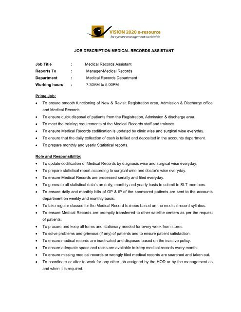job description medical records assistant - LAICO