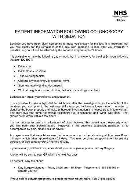 patient information following colonoscopy with sedation - NHS Orkney