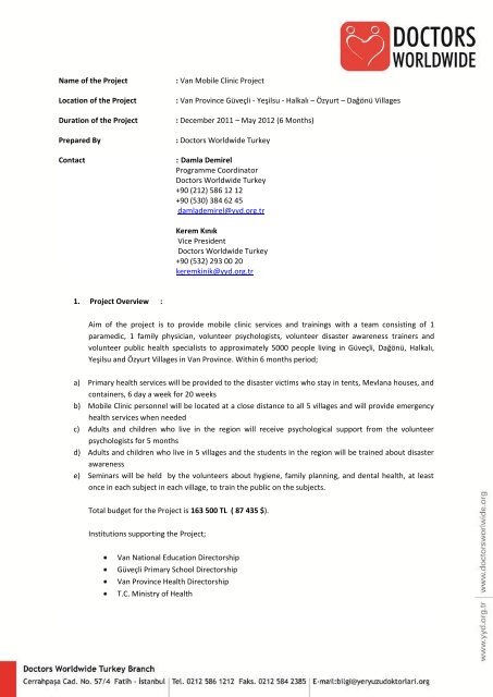 DWW Turkey - Van Earthquake mobile clinic project proposal