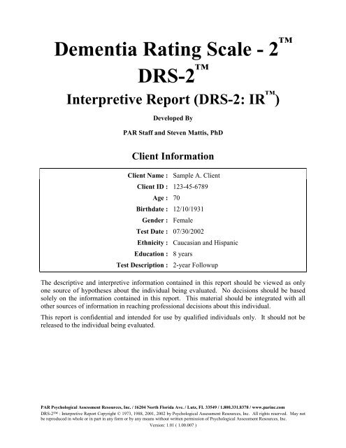 Dementia Rating Scale - 2 DRS-2 - ACER