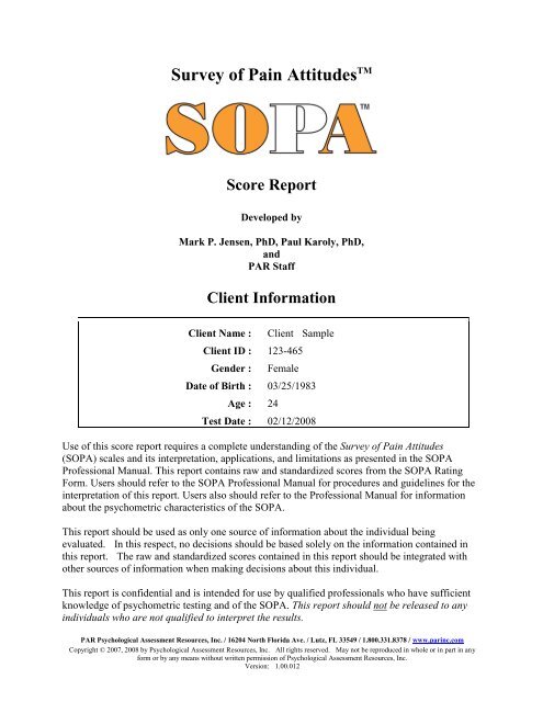 SOPA Score Report - Psychological Assessment Resources, Inc.